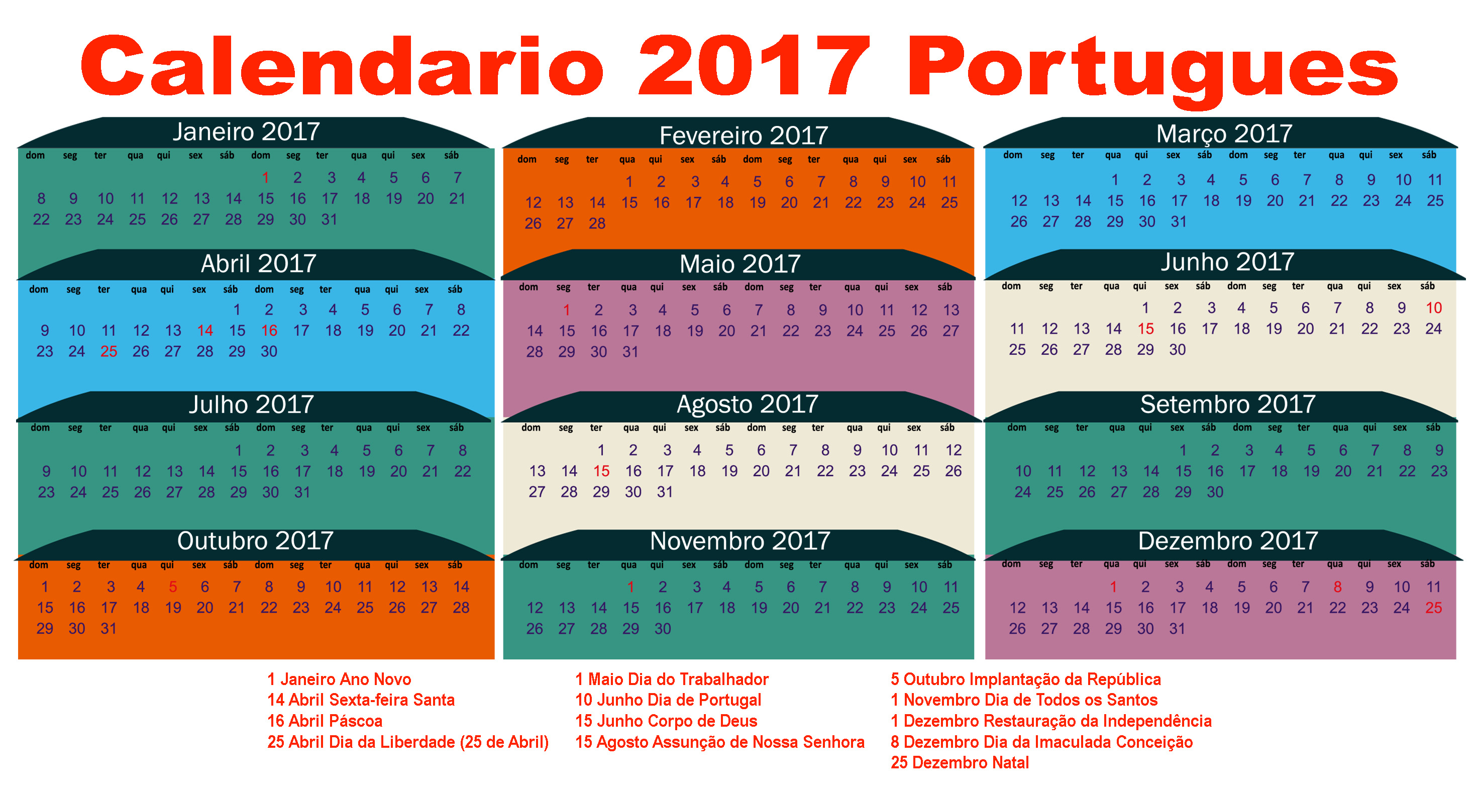 Calendário 2017 com Feriados para baixar e imprimir